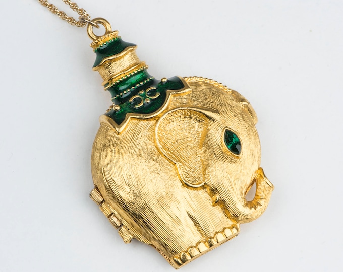 Vintage Gold Elephant Locket Necklace, Long Elephant Necklace, Gold ...
