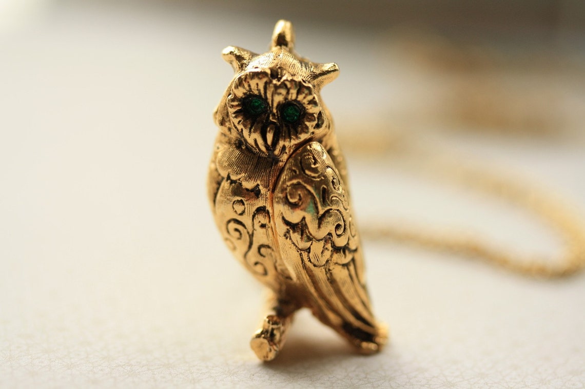 Long Owl Locket Necklace Floral Owl Jewelry Large Bird - Etsy