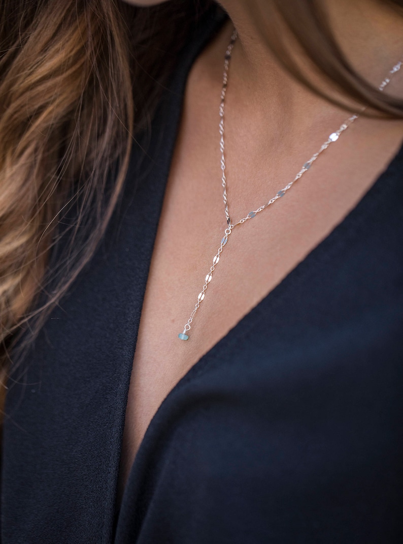 Shiny Gold Chain and Tiny Stone Y Necklace, Delicate Amazonite Light ...