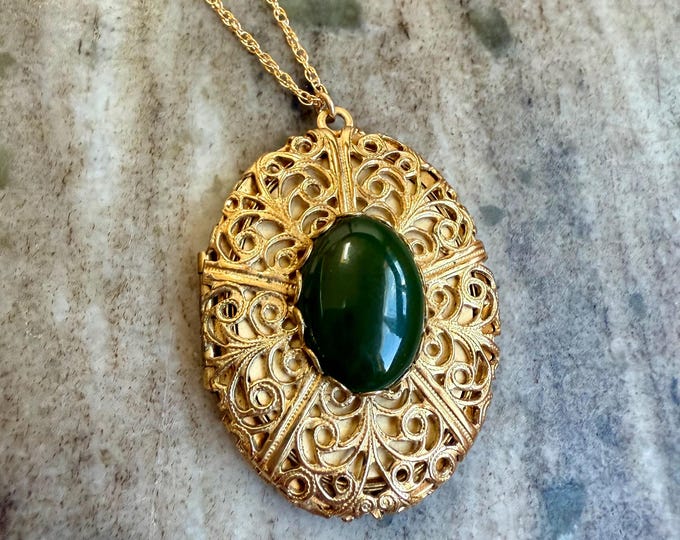 Vintage Large Filigree Jade Stone Locket, Green Stone Jade Necklace ...