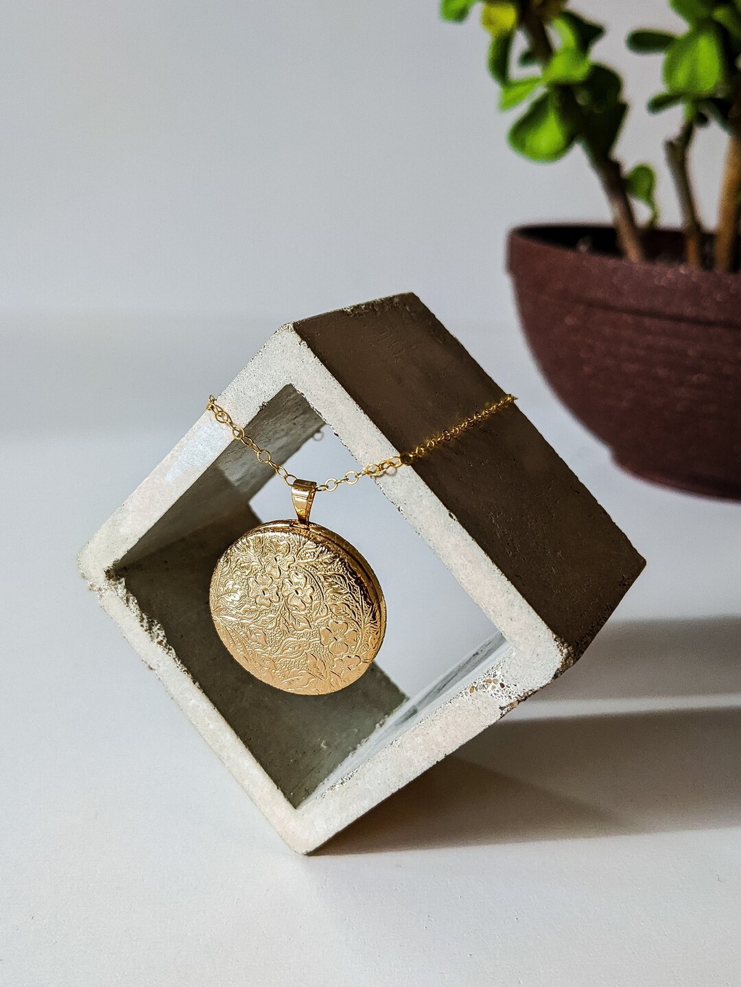 SMALL Gold Locket Photo Necklace, Long Locket Jewelry, Floral Gold ...