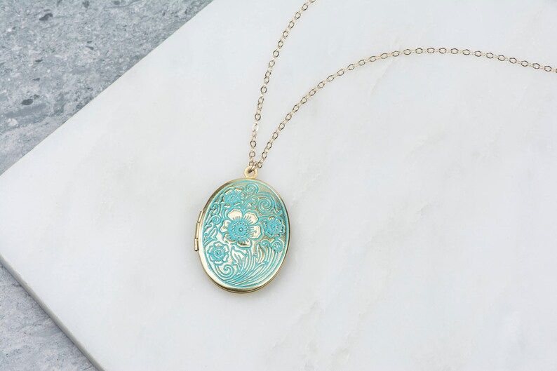 Long Blue Locket Floral Necklace Bridal Locket Oval Flower | Etsy