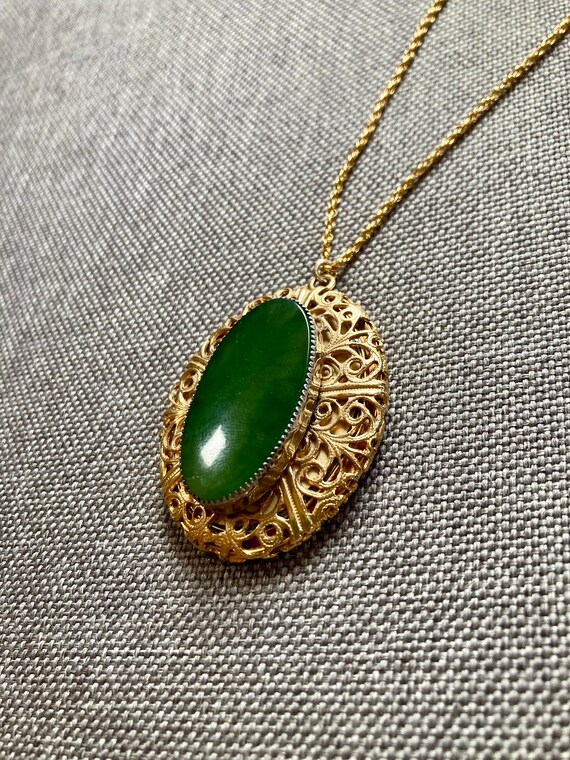 Vintage Large Filigree Jade Stone Locket, Green Stone… - Gem