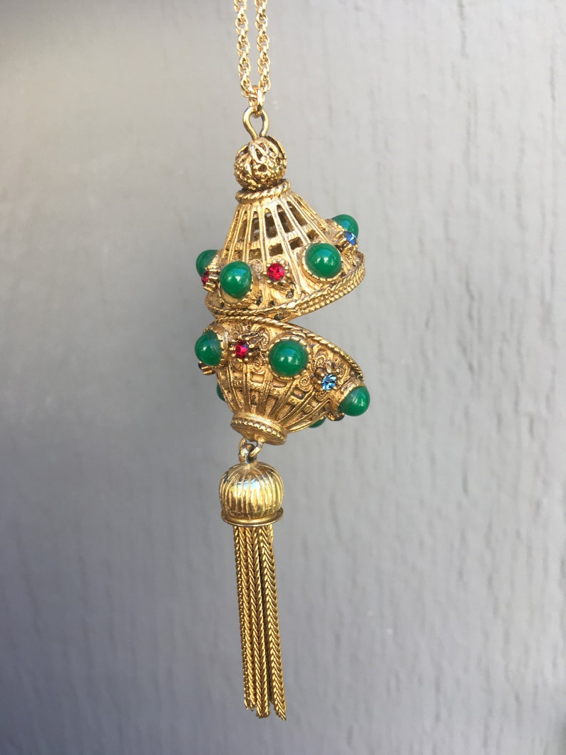 Long Tassel Necklace Green Stone Locket Tassle Locket - Etsy