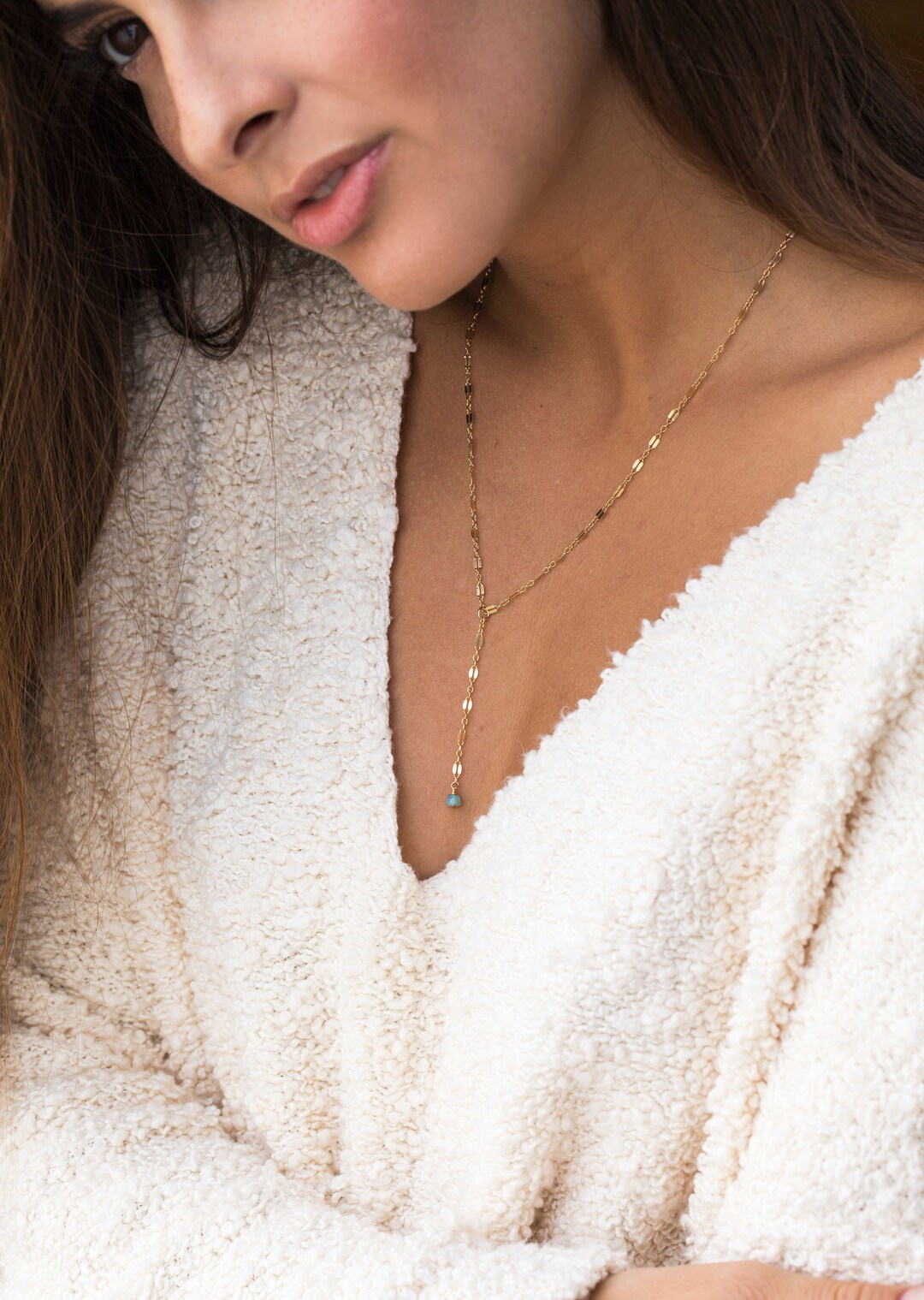 Shiny Gold Chain and Tiny Stone Y Necklace, Delicate Amazonite Light ...