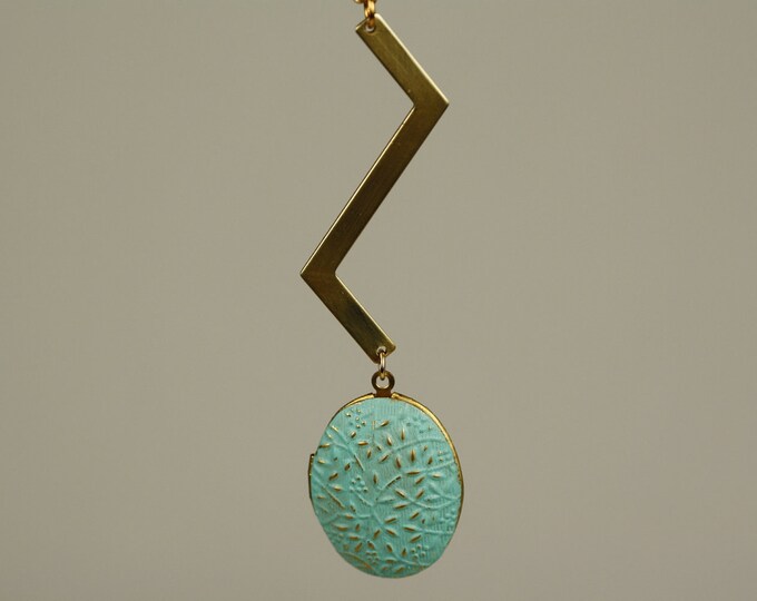 Long Blue Locket and Chevron Necklace Zigzag Geometric - Etsy