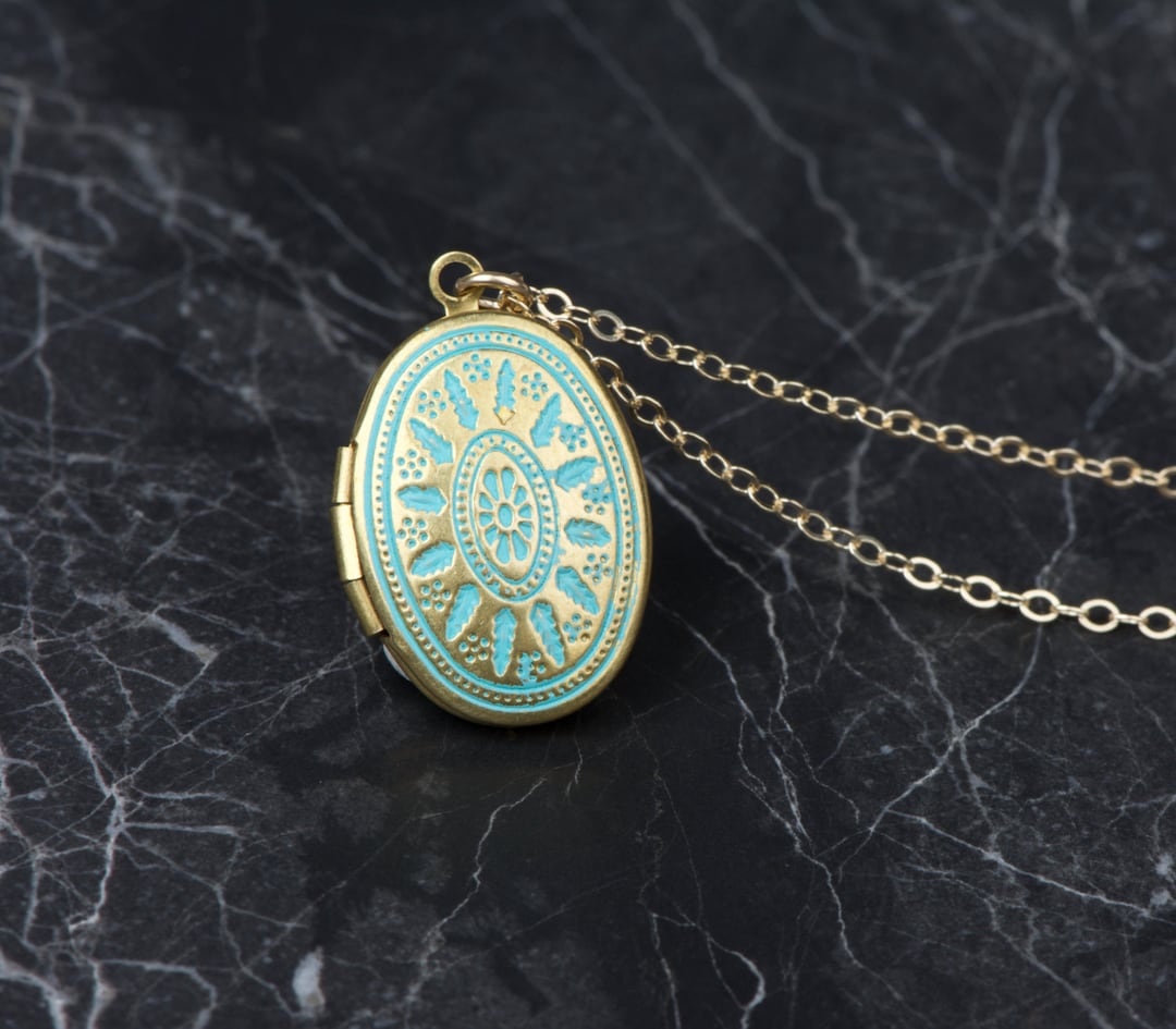 Ornate Turquoise Small Gold Locket Necklace, Long Oval Locket Blue ...