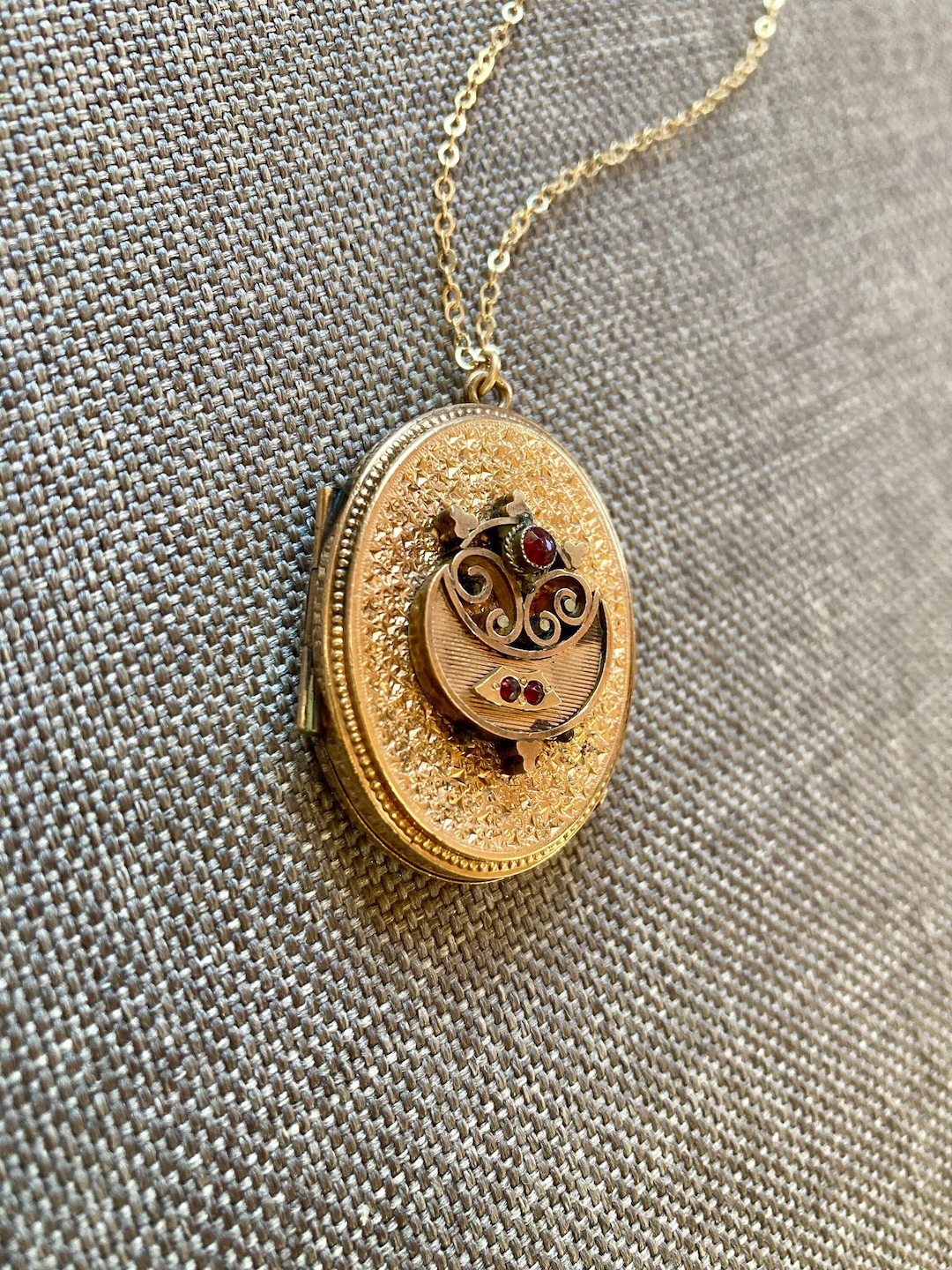 1880s Antique Etruscan Red Stone Gold Filled Locket Necklace With ...