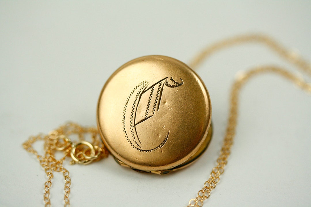 Antique Letter C Locket in Gold Locket, Old English Initial C, Etched ...