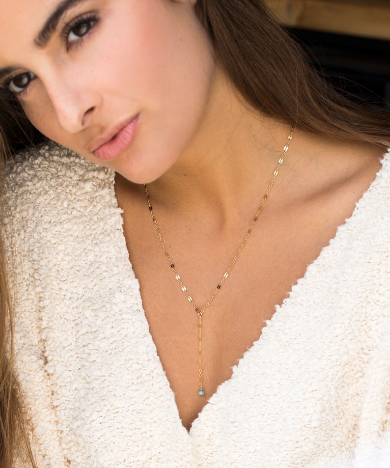 Shiny Gold Chain and Tiny Stone Y Necklace, Delicate Amazonite Light ...