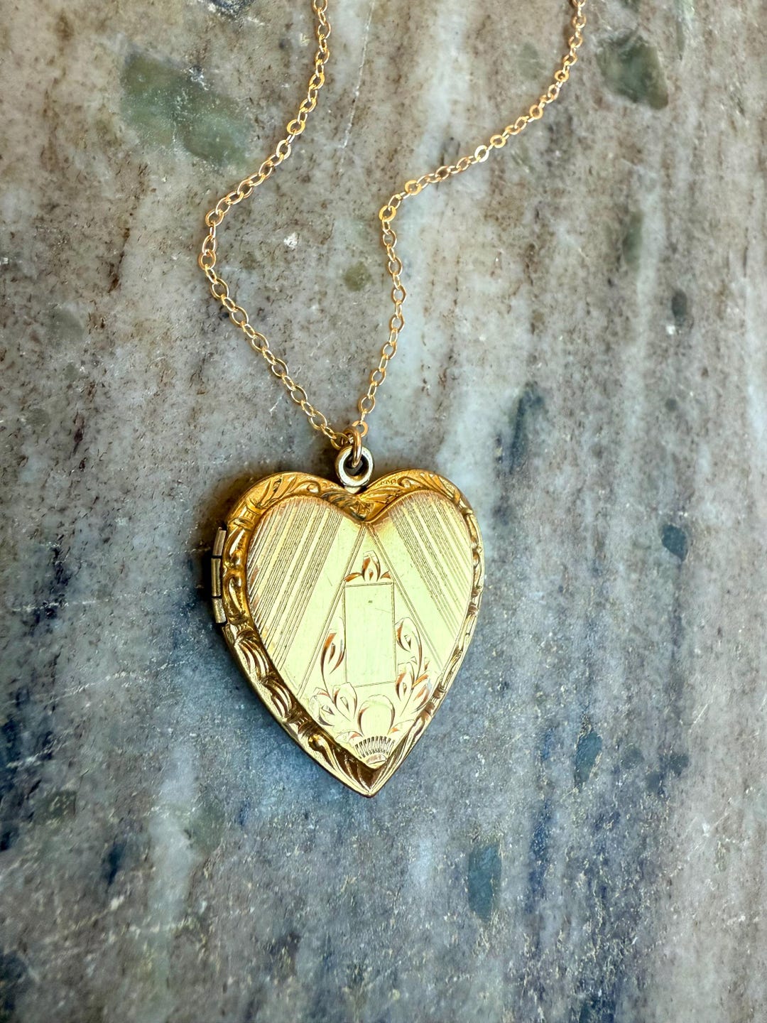 Etched Antique Gold Heart Locket With Floral Design, Stripes and ...
