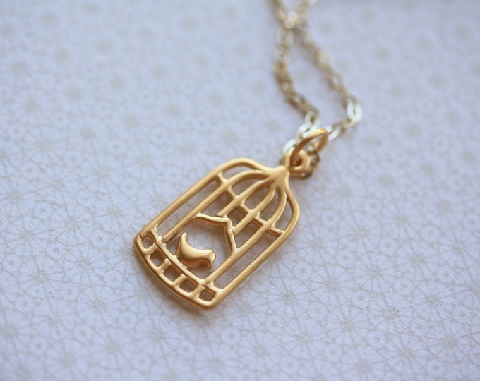 The 24k Vermeil Wire Bird Cage Charm Necklace With Tiny Bird - Etsy