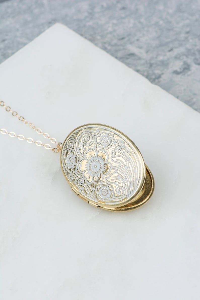 Long Blue Locket Floral Necklace Bridal Locket Oval Flower | Etsy