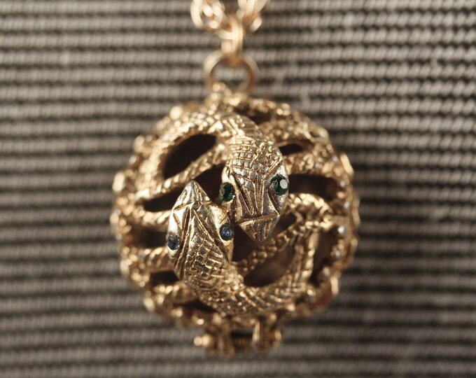 Unique Gold Snakes Locket Necklace, Blue and Green Rhinestone Eyes ...