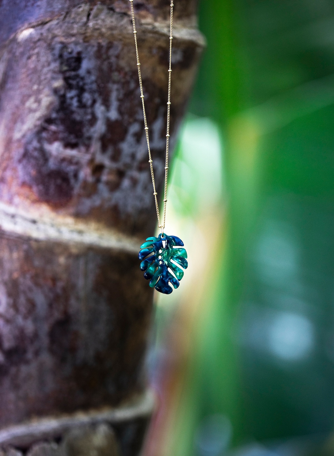 Monstera Leaf Necklace on 14kt Gold Fill Beaded Chain, Tropical Pendant ...