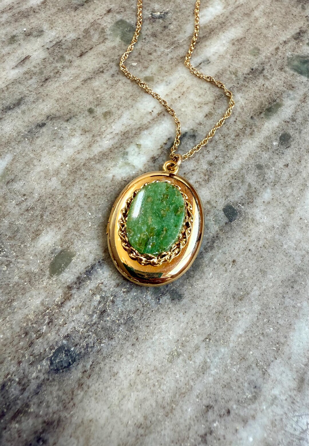 12kt Gold Filled Vintage Jade Locket, Green Stone Necklace, Oval Locket ...