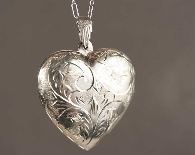 Large Sterling Silver Heart Locket Necklace, Long Vintage Floral ...