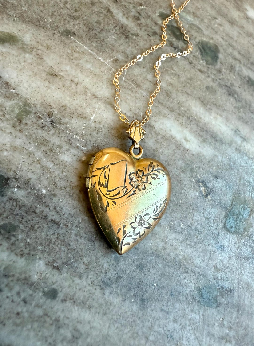 Etched Antique Gold Heart Locket With Floral Design and Removable ...