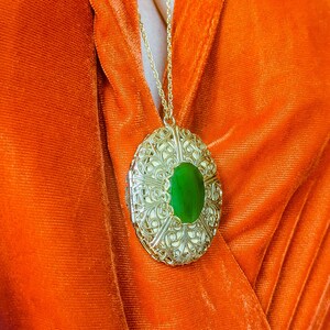 Vintage Large Filigree Jade Stone Locket, Green Stone Jade Necklace ...