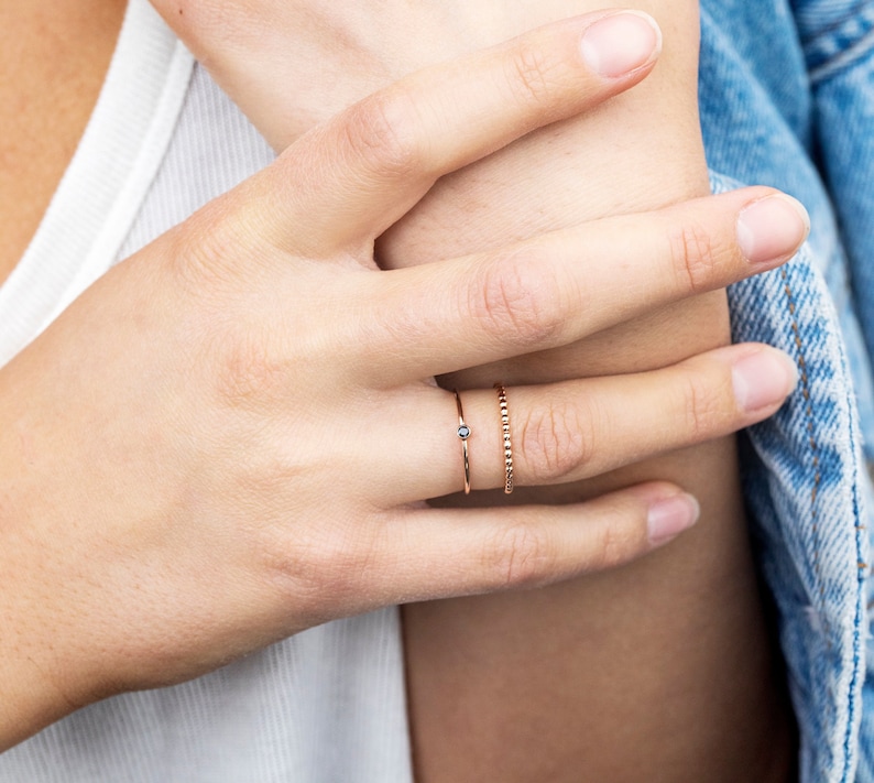 Stackable Dainty Black Stone Rings in Sterling Silver, Rose, and 14kt ...