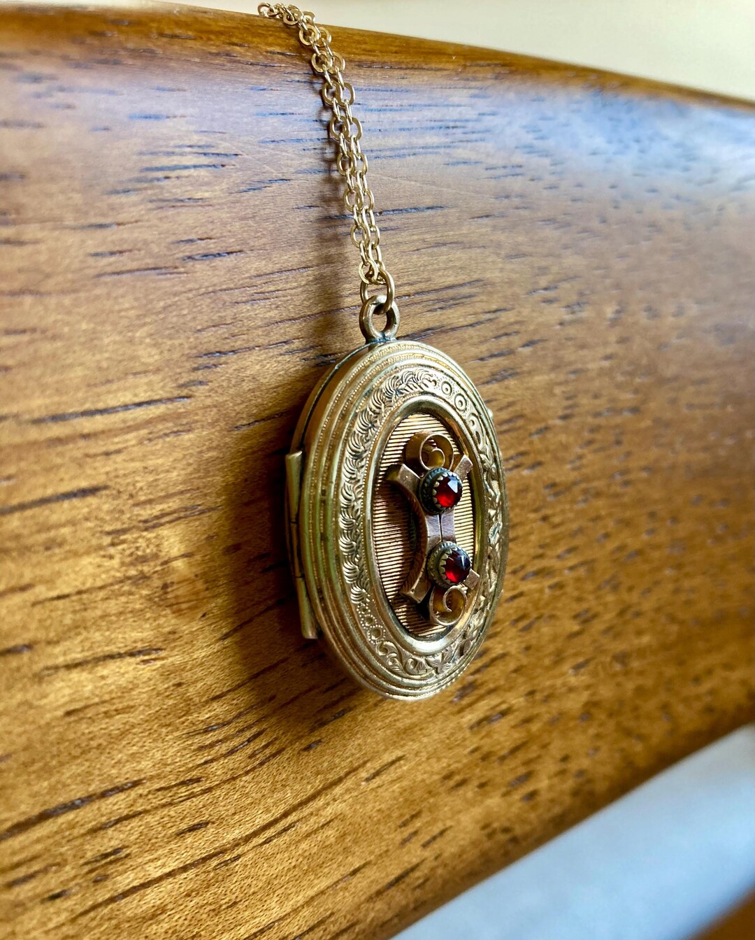 1800s Antique Locket With Red Jewels and Etched Flowers With Photo ...