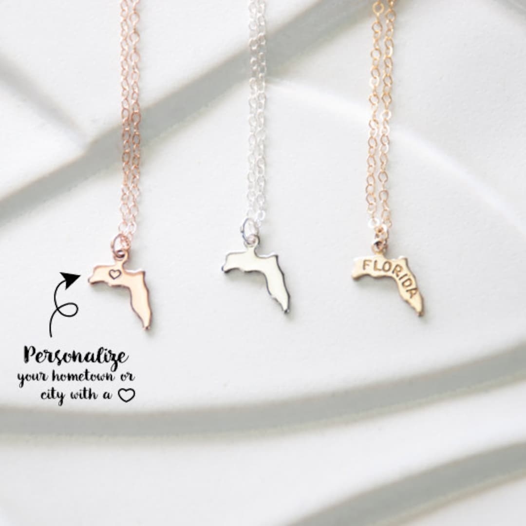 Florida Necklace, Small Florida State Charm, Sterling Silver Heart Over ...
