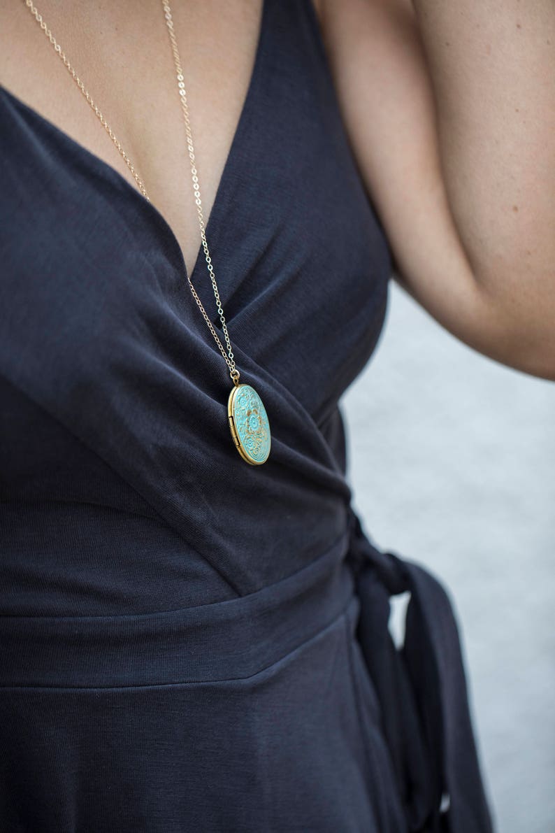 Long Blue Locket Floral Necklace Bridal Locket Oval Flower | Etsy