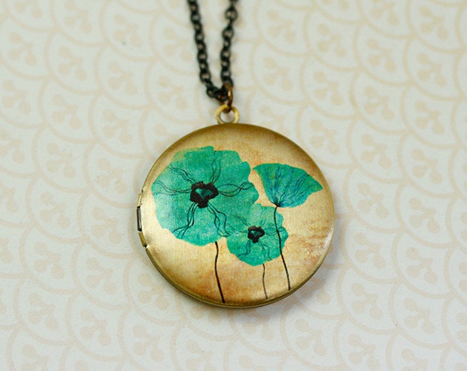 Round Aqua Blue Poppy Flower Locket Necklace, Image, Long Antiqued ...