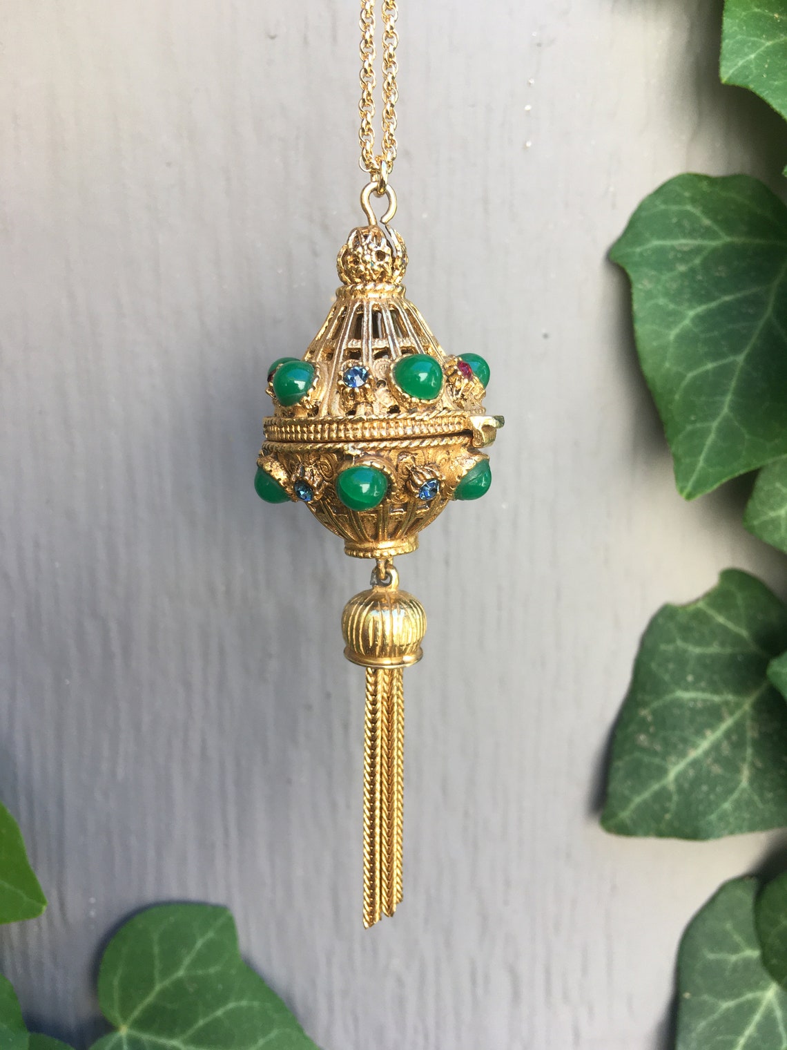 Long Tassel Necklace Green Stone Locket Tassle Locket - Etsy