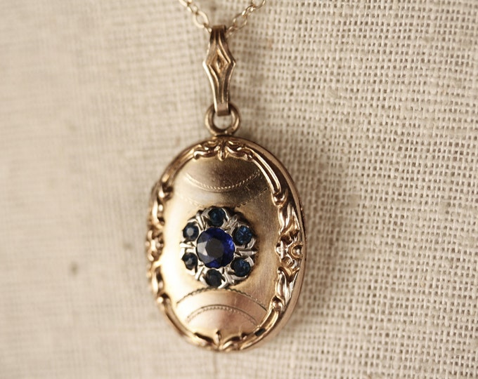 Antique Blue Stone 10kt Gold Filled Locket Necklace, Sapphire Glass ...