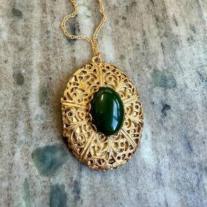 Vintage Large Filigree Jade Stone Locket, Green Stone Jade Necklace ...