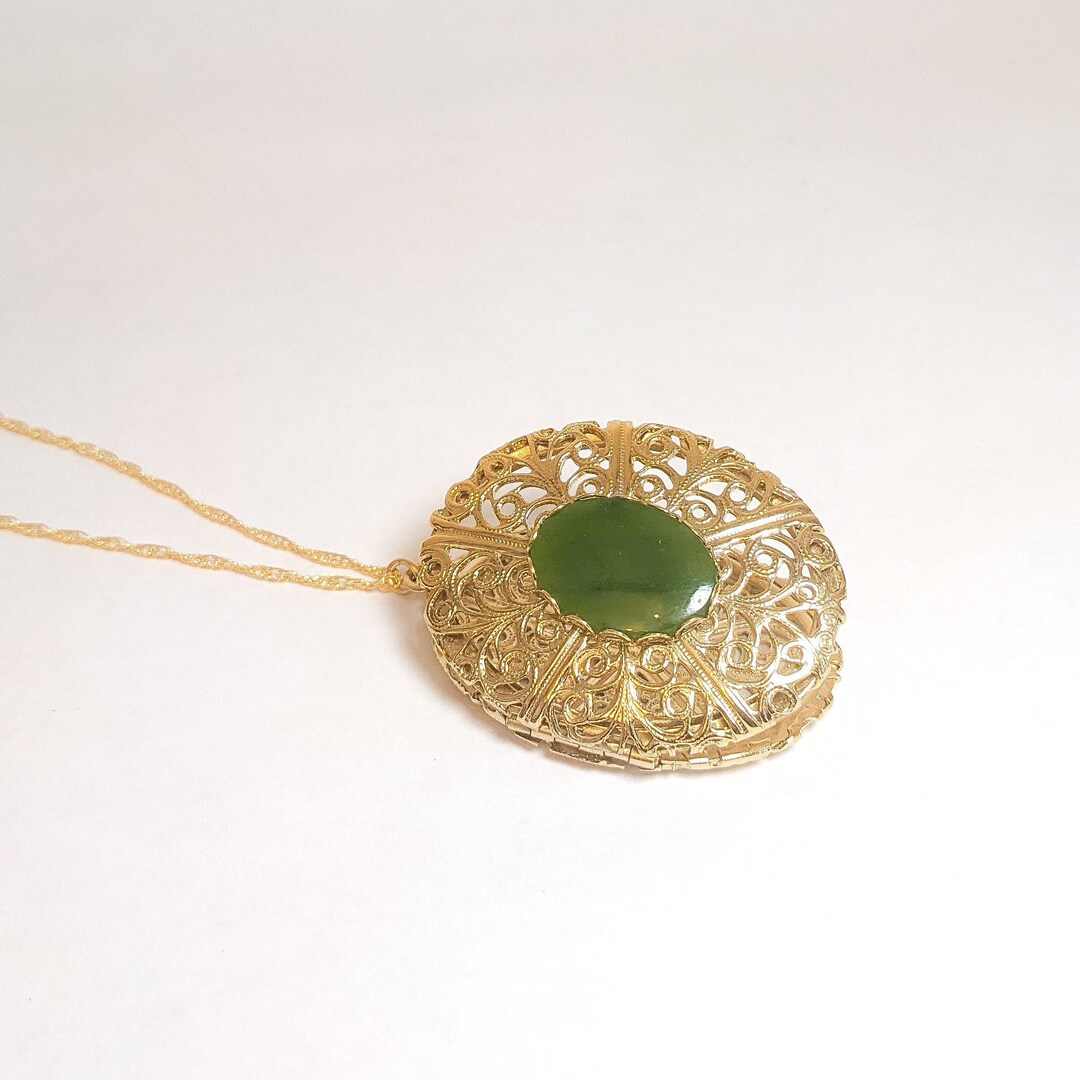 Vintage Large Filigree Jade Stone Locket, Green Stone Jade Necklace ...