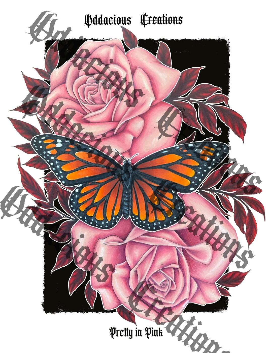 Monarch Inspired Butterfly Set Within Two Pink Roses. Art Print ...