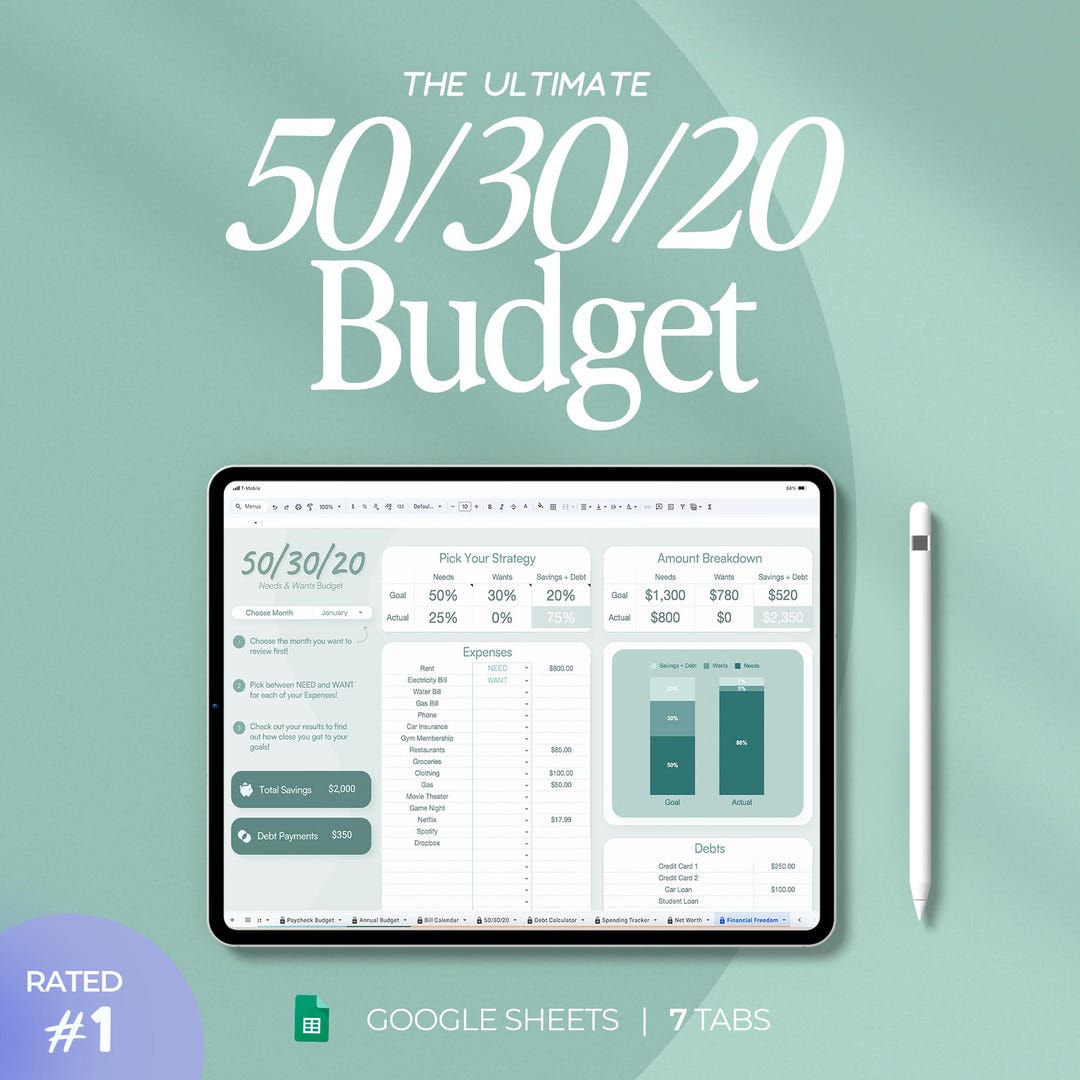 Ultimate 50/30/20 Monthly Budget Spreadsheet Expense Tracker Financial ...