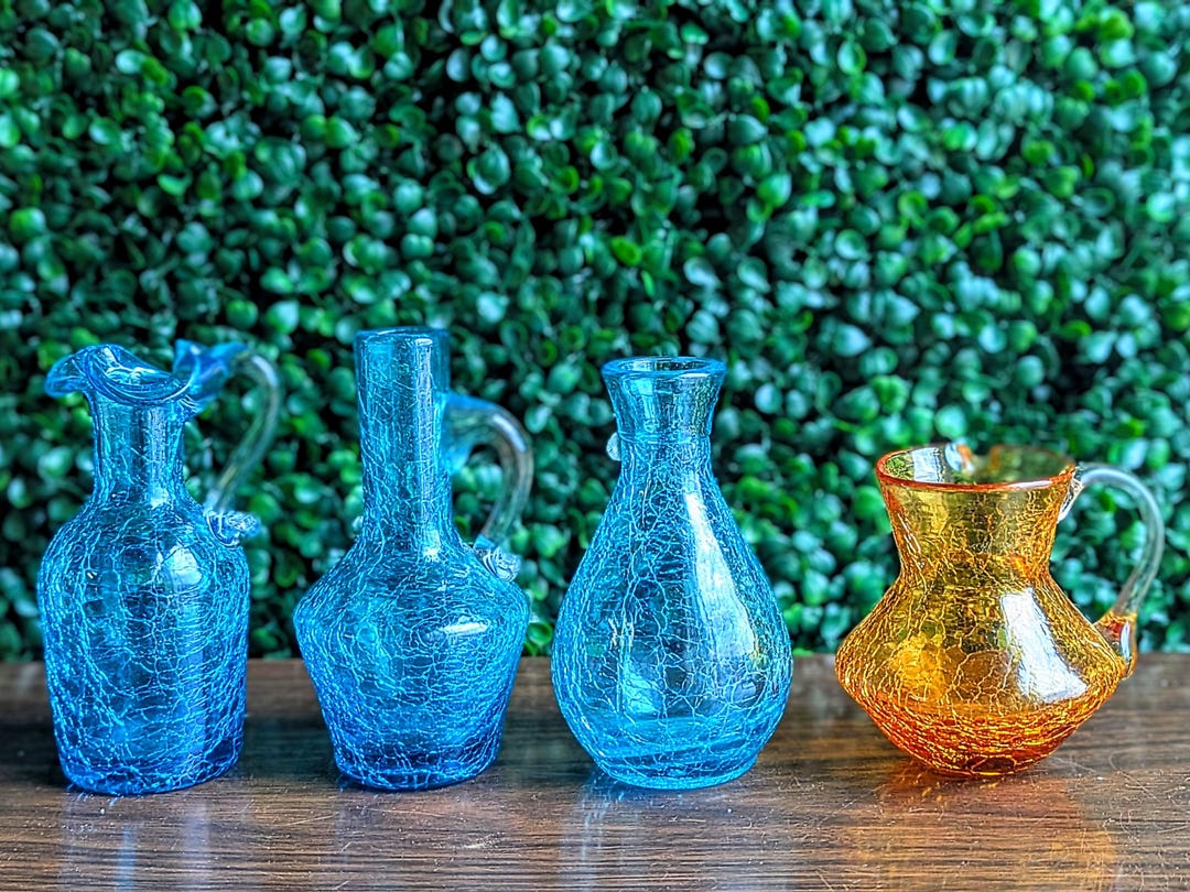 Vintage Crackle Glass Mini Pitchers - Blue & Yellow Art Glass Decanters ...