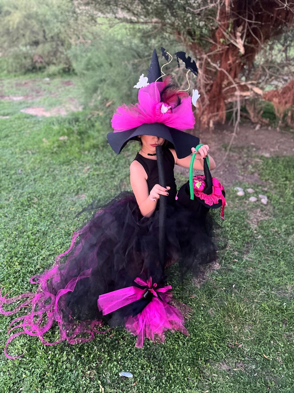 Pink Witch Costume: Tulle Skirt, Felt Hat, Light-up Bag, Halloween ...