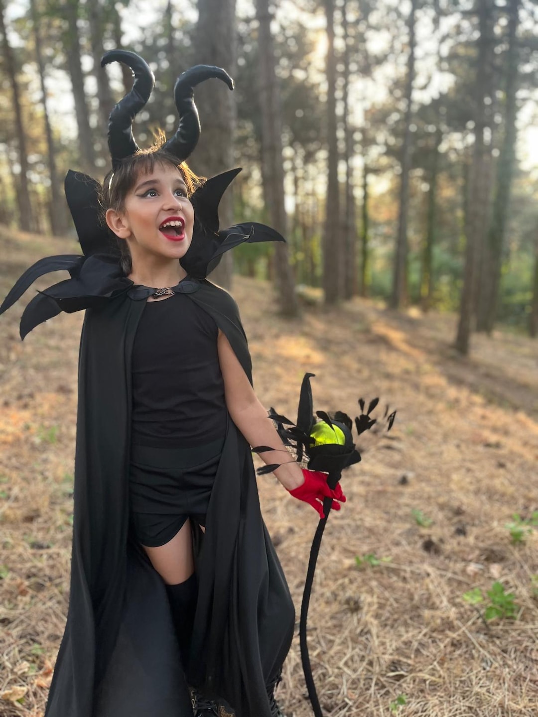Maleficent Halloween Costume Cape, Black Long Cape,horned Crown, Raven ...