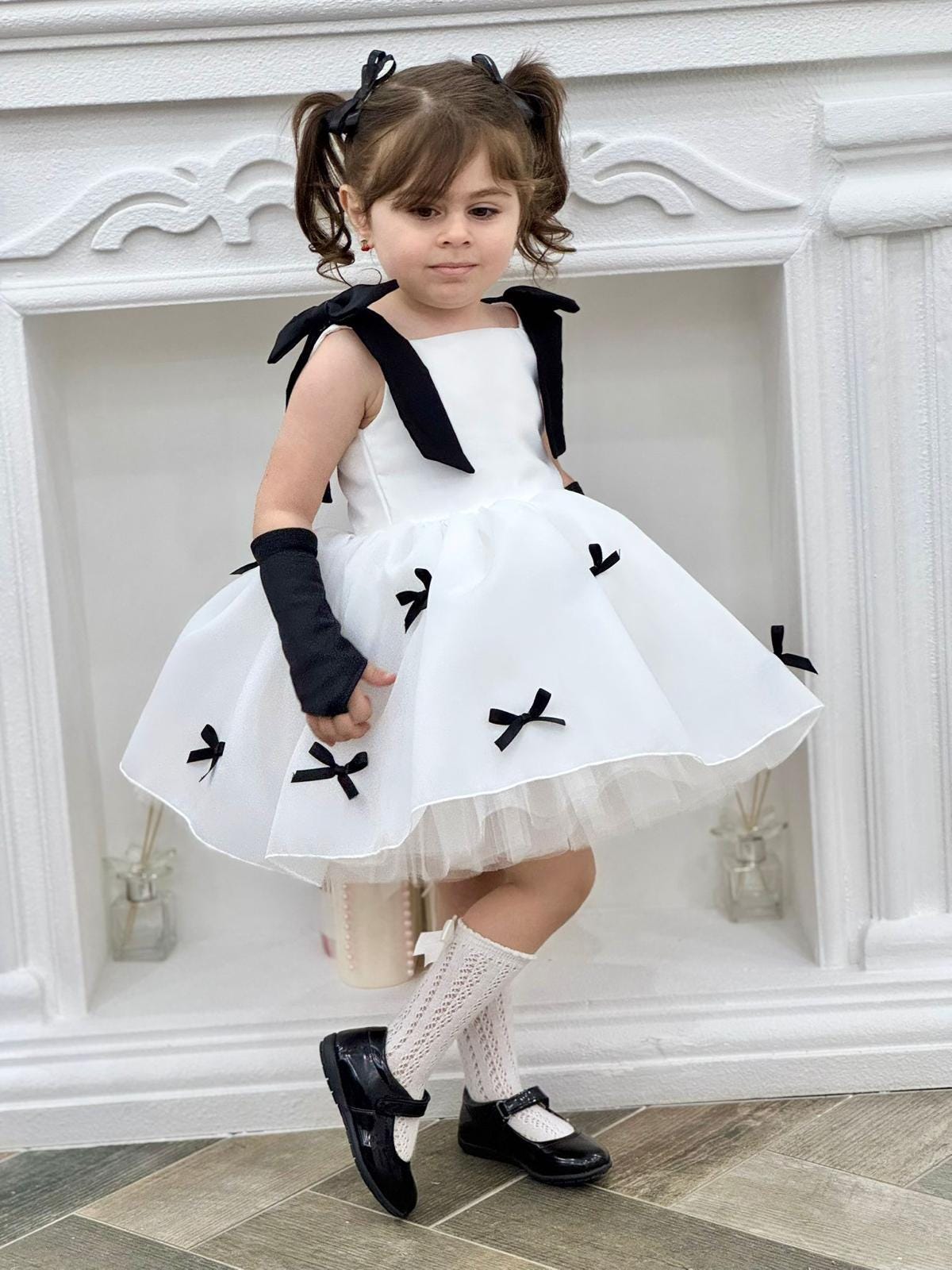 White Short Puffy Dress With Black Ribbon Shoulder Straps, Baby Girl ...