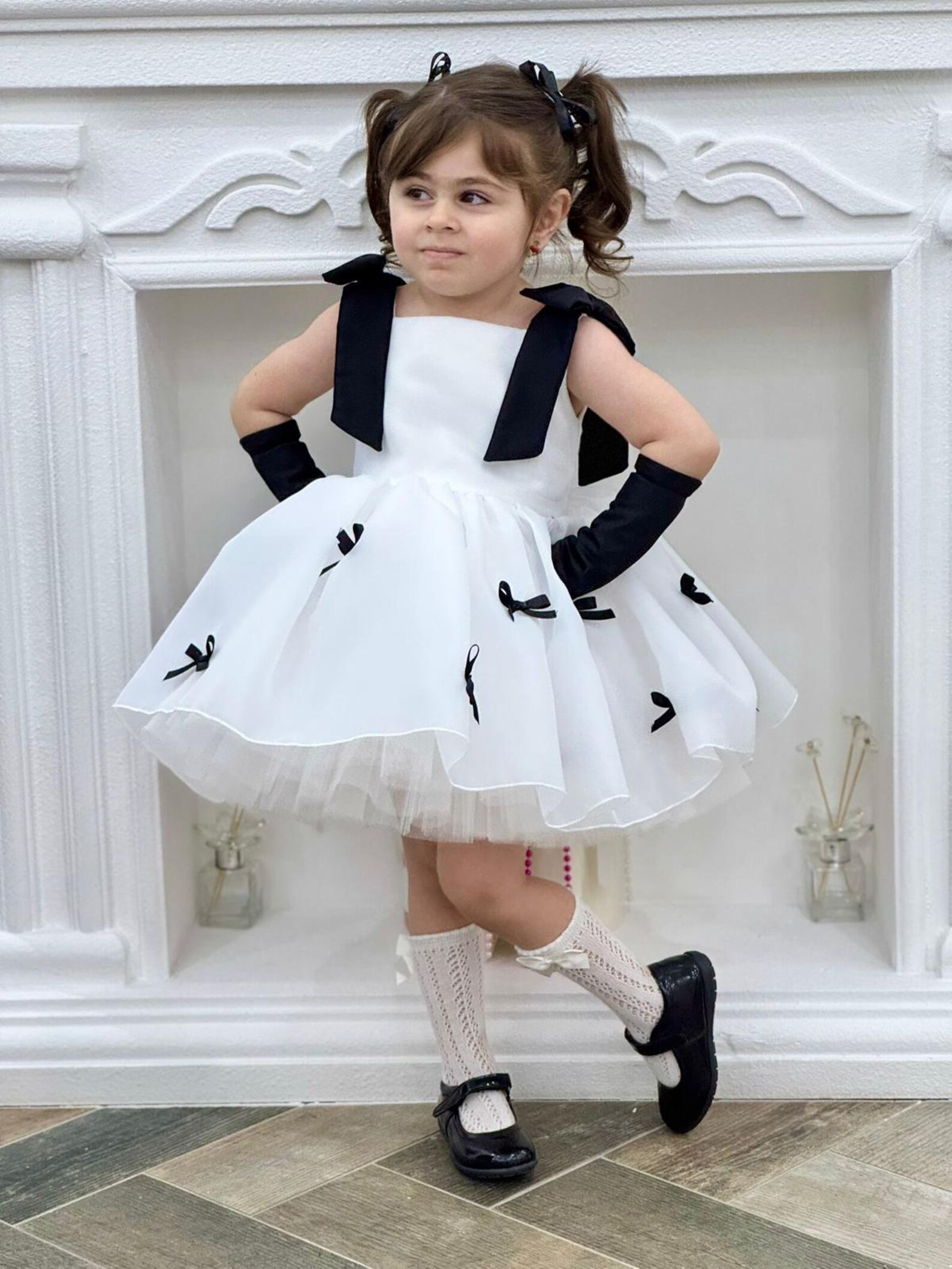 White Short Puffy Dress With Black Ribbon Shoulder Straps, Baby Girl ...