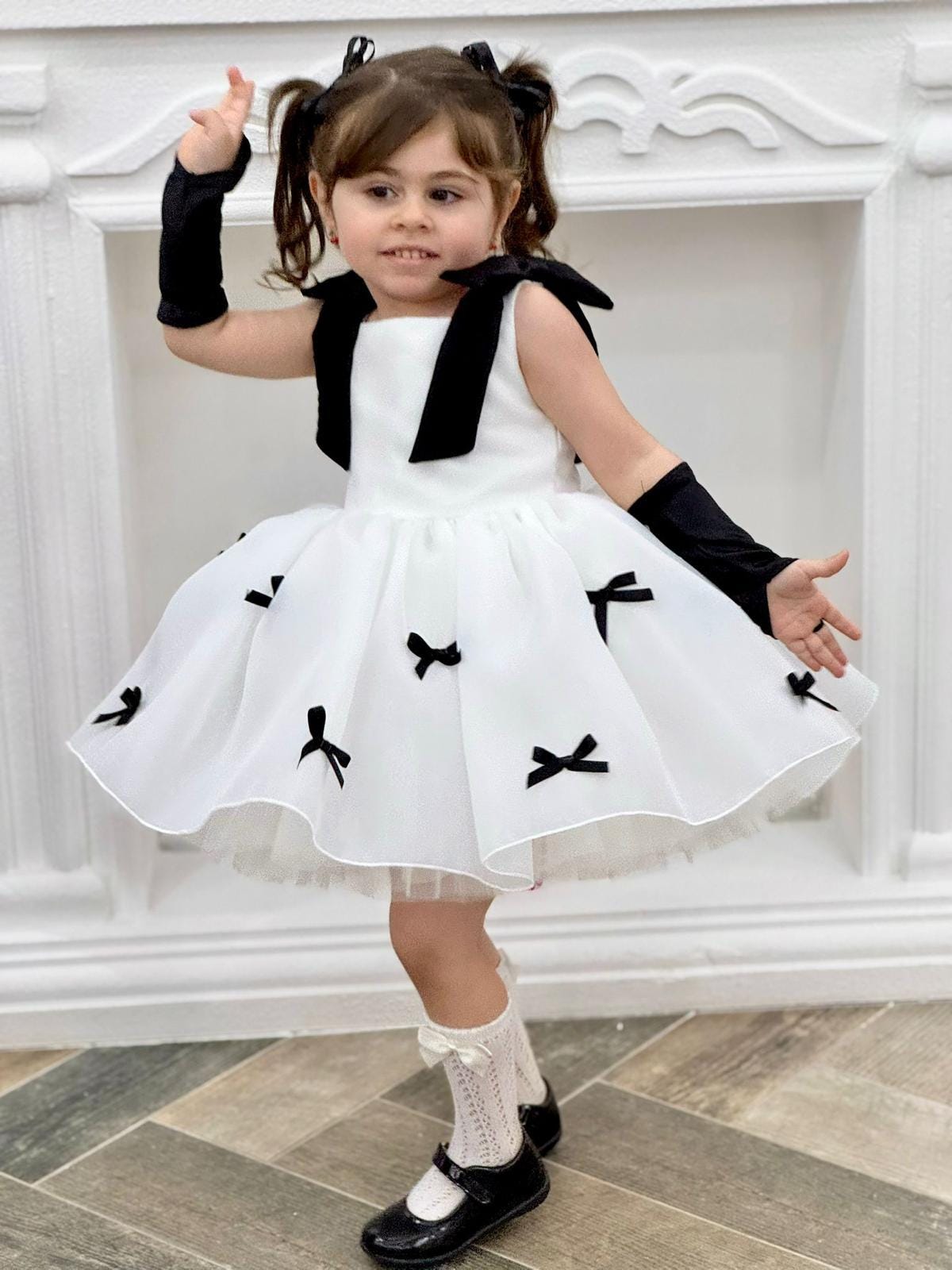 White Short Puffy Dress With Black Ribbon Shoulder Straps, Baby Girl ...