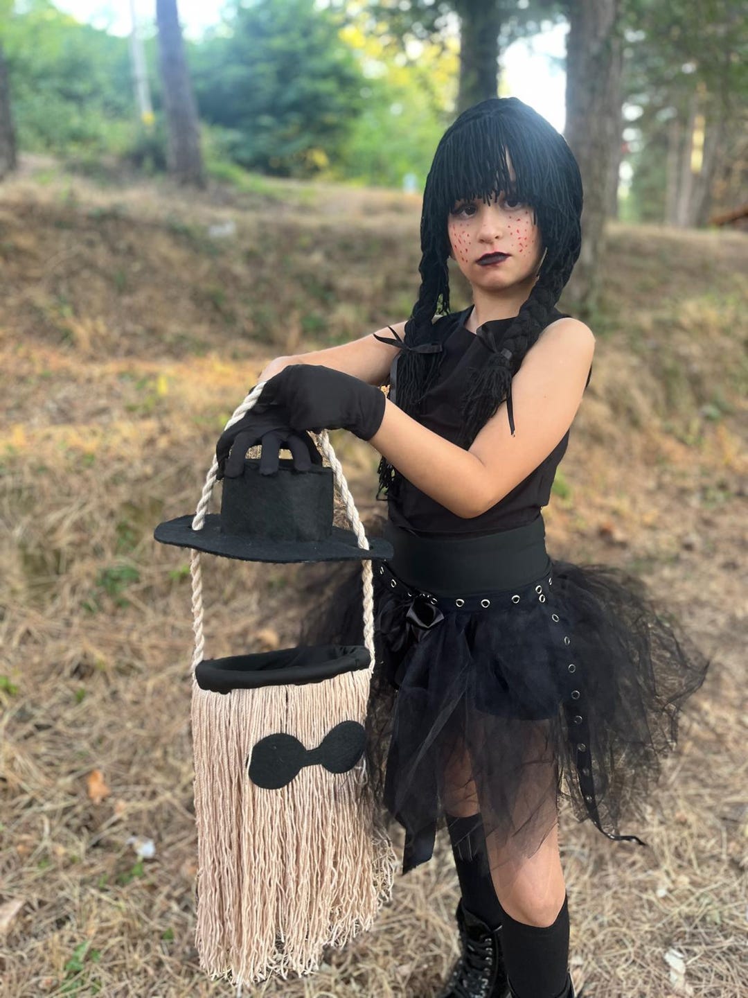 Wednesday Addams Halloween Costumelack Tutu Skirt, Braided Yarn Wig and ...