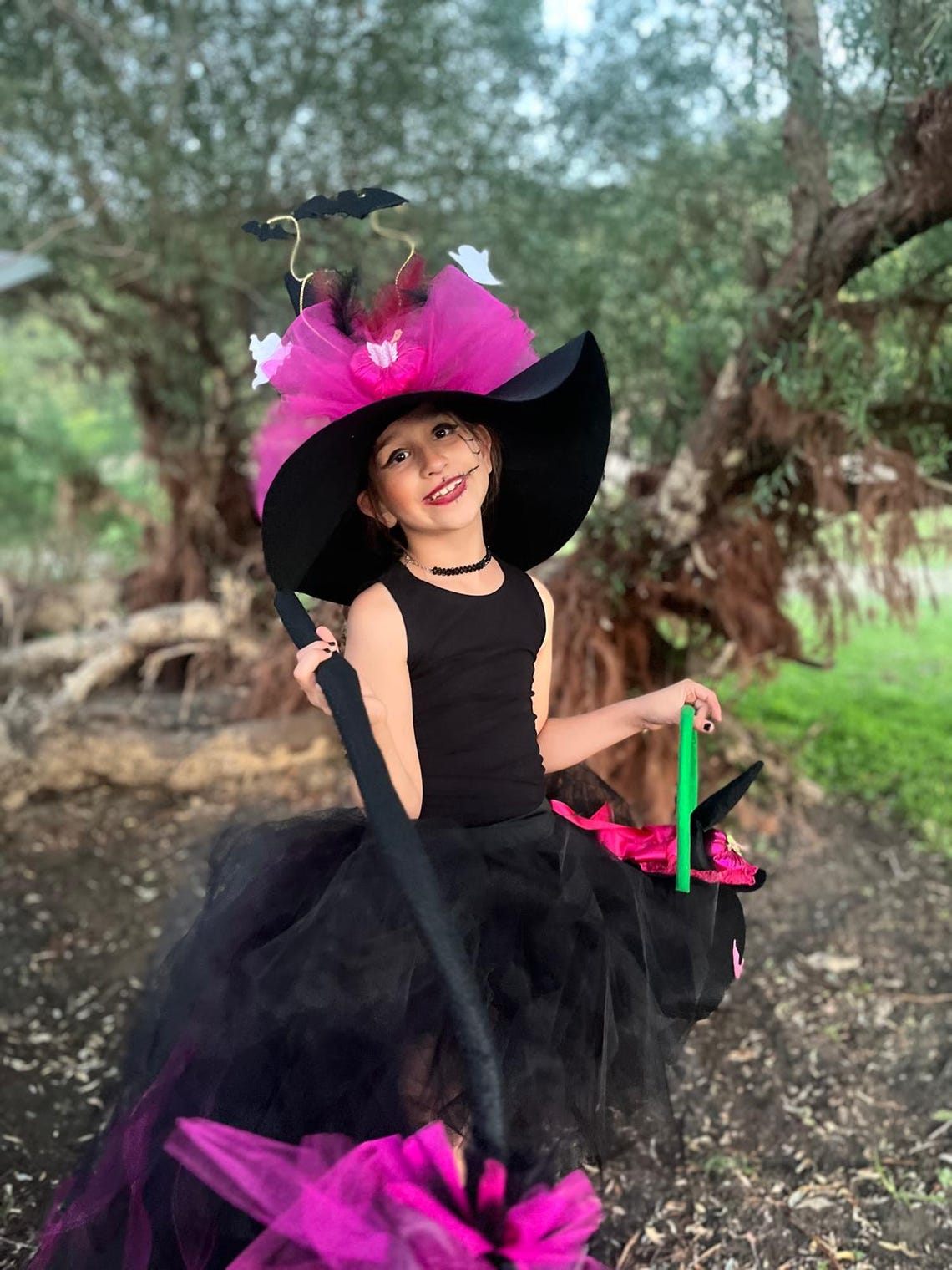 Pink Witch Costume: Tulle Skirt, Felt Hat, Light-up Bag, Halloween ...