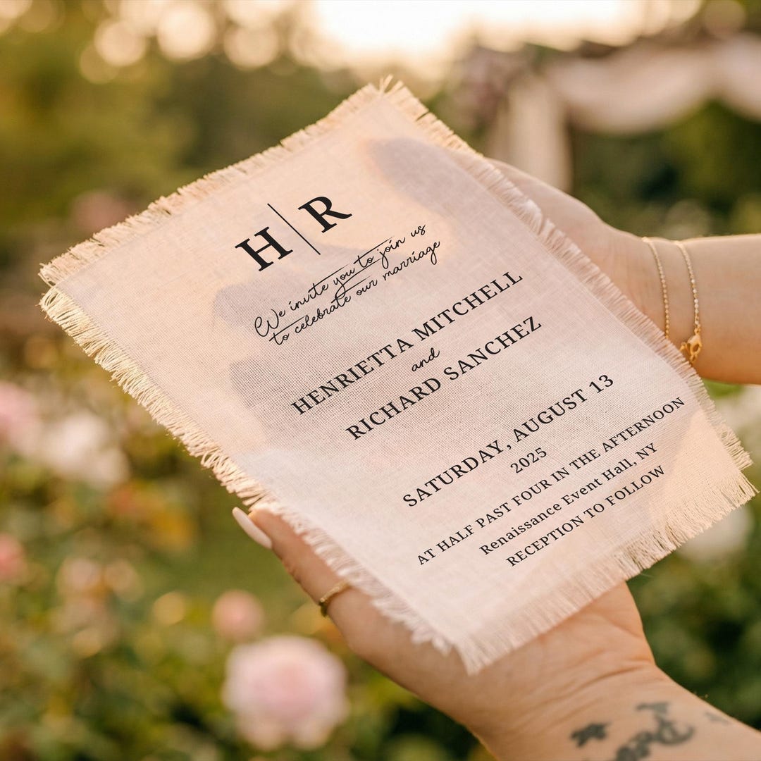 Modern Monogram Wedding Invitation, Linen Frayed Edge European Card ...