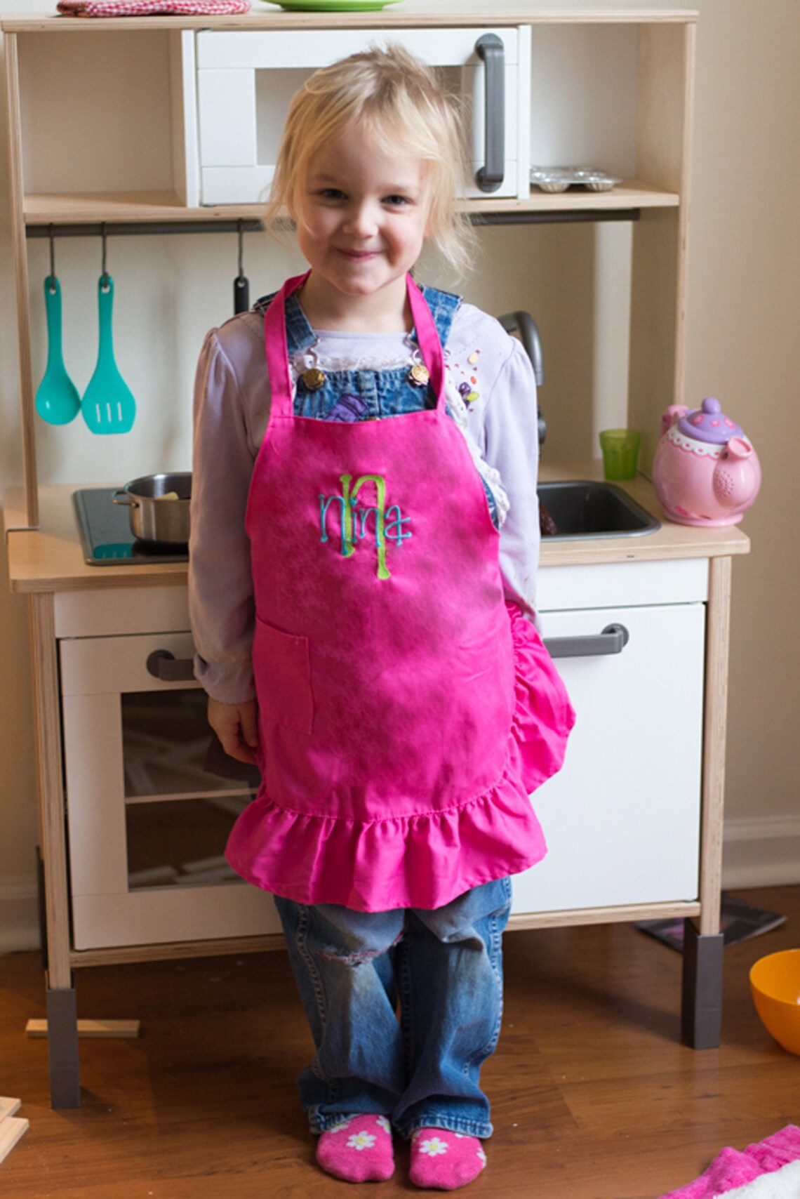 Monogrammed Child Pink Ruffle Apron - Etsy