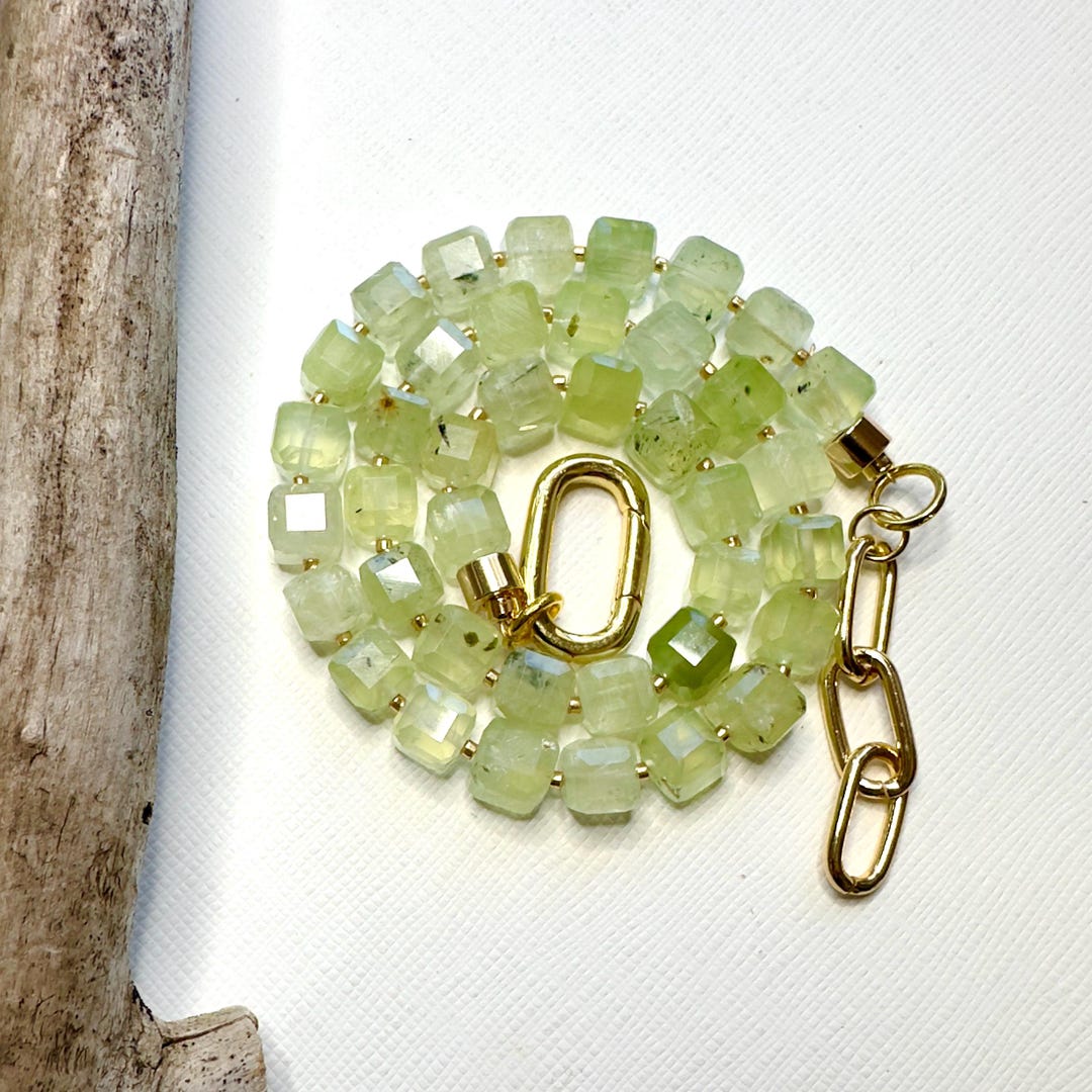 Lime Green Gemstone Necklace: Natural Prehnite, Gold Plated Carabiner ...