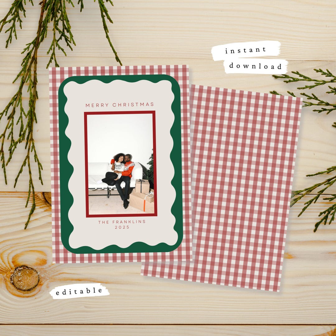 Red Gingham Christmas Photo Card Template | Editable on Canva (digital ...