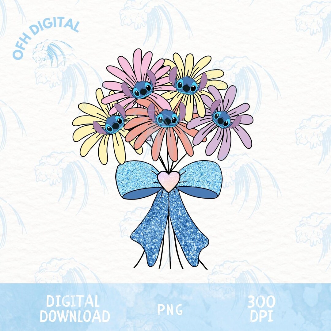 Lilo and Stitch Flower Glitter Bouquet Png, Stitch Flowers Png, Stitch ...