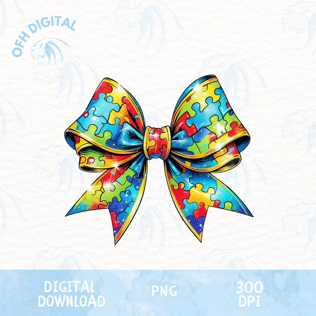 Glitter Autism Colors Bow Png, Puzzle Bow Png, Autism Ribbon Png ...