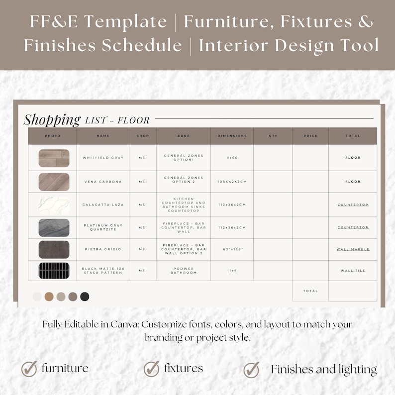 FF&E Schedule Template for Interior Designers. - Etsy
