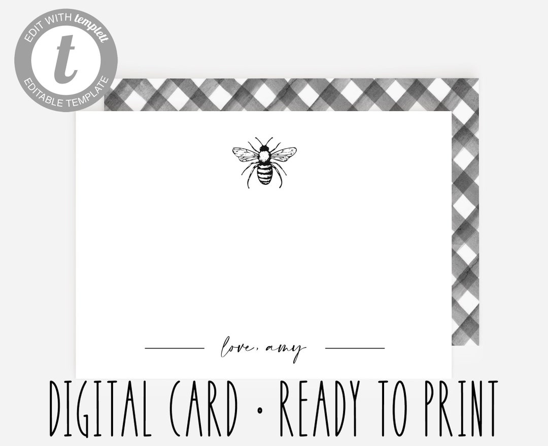 Editable Printable Bee Note Card, Personalized Note Cards, Set of 4 per ...